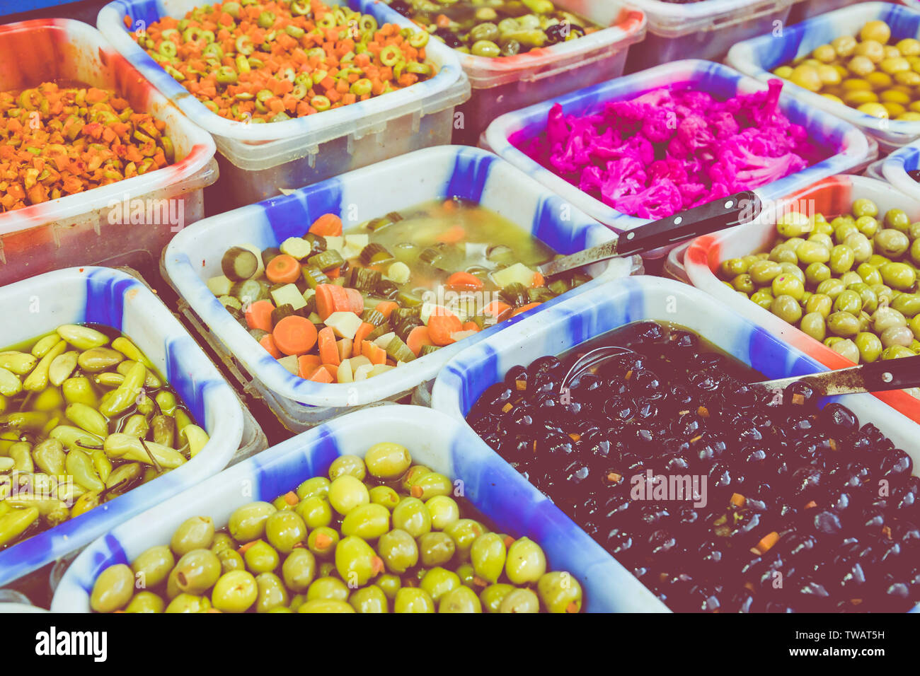 Pickles and olives at local market in Amman, Jordan. Middle East Stock ...