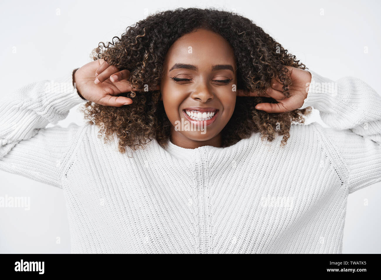 Girl refuse listen close earholes with index fingers and feeling happy ...