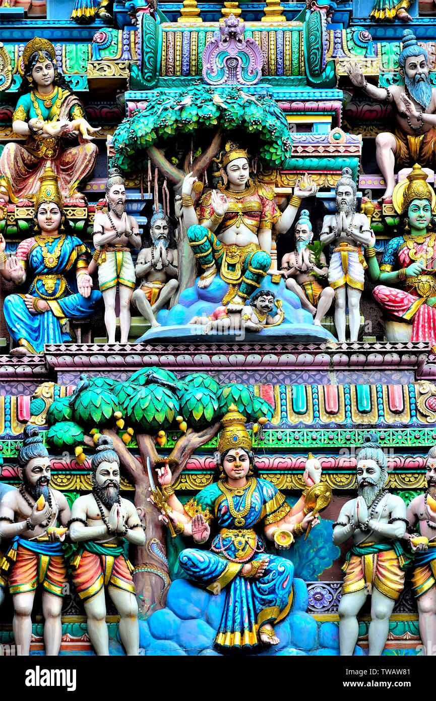 Colourful statues of Hindu religious deities adorning the entrance of ...