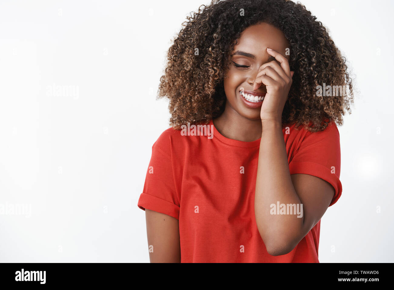 Girl hearing hilarious jokes laughing and having fun close eyes from ...