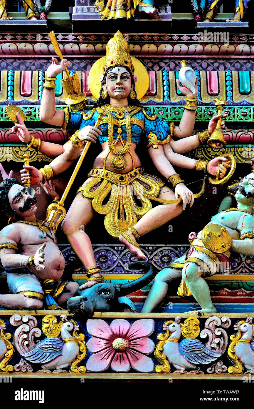 Colourful statues of Hindu religious deities adorning the entrance of ...