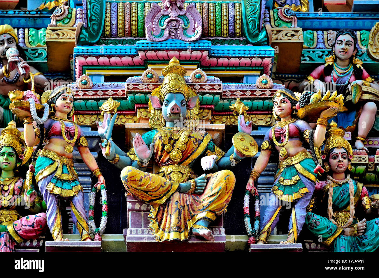 Colourful statues of Hindu religious deities adorning the entrance of ...