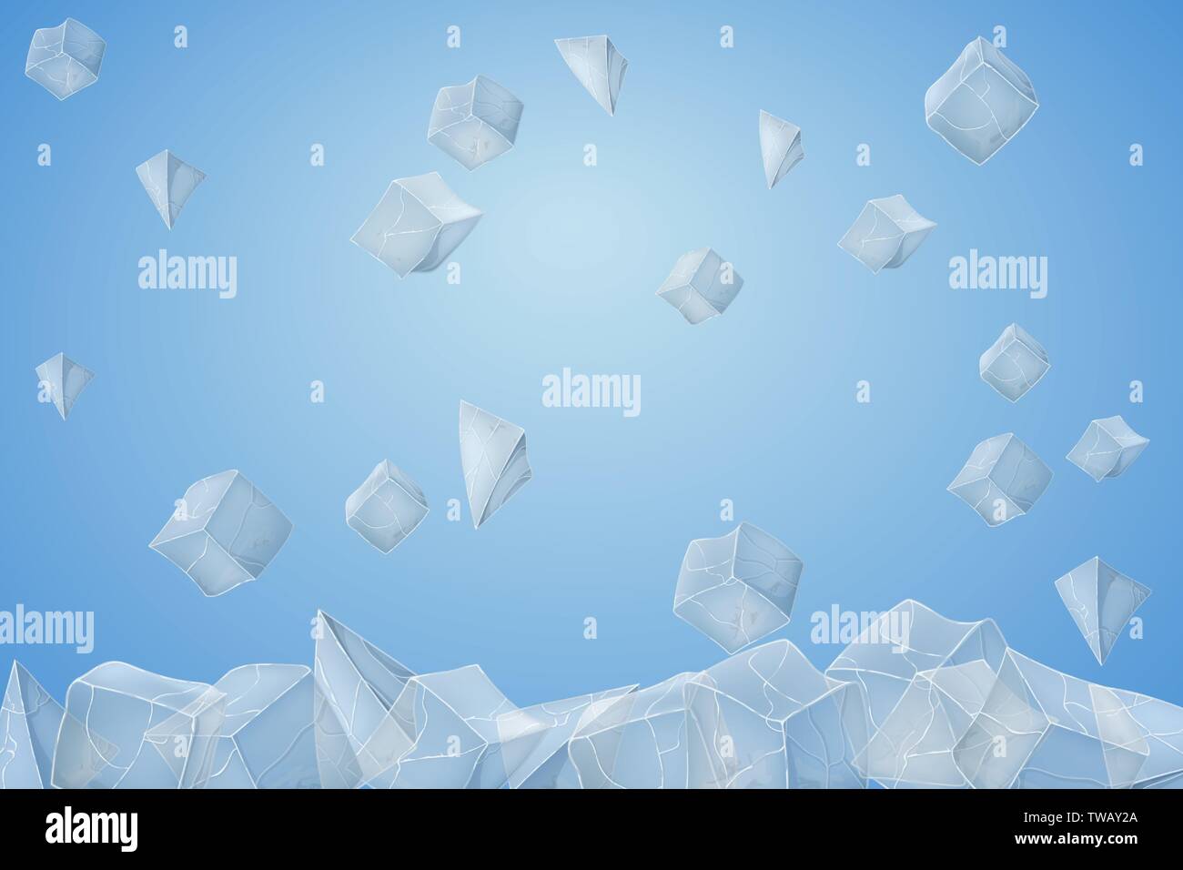 Ice cube falling down. Vector illustration. Blue background Stock ...