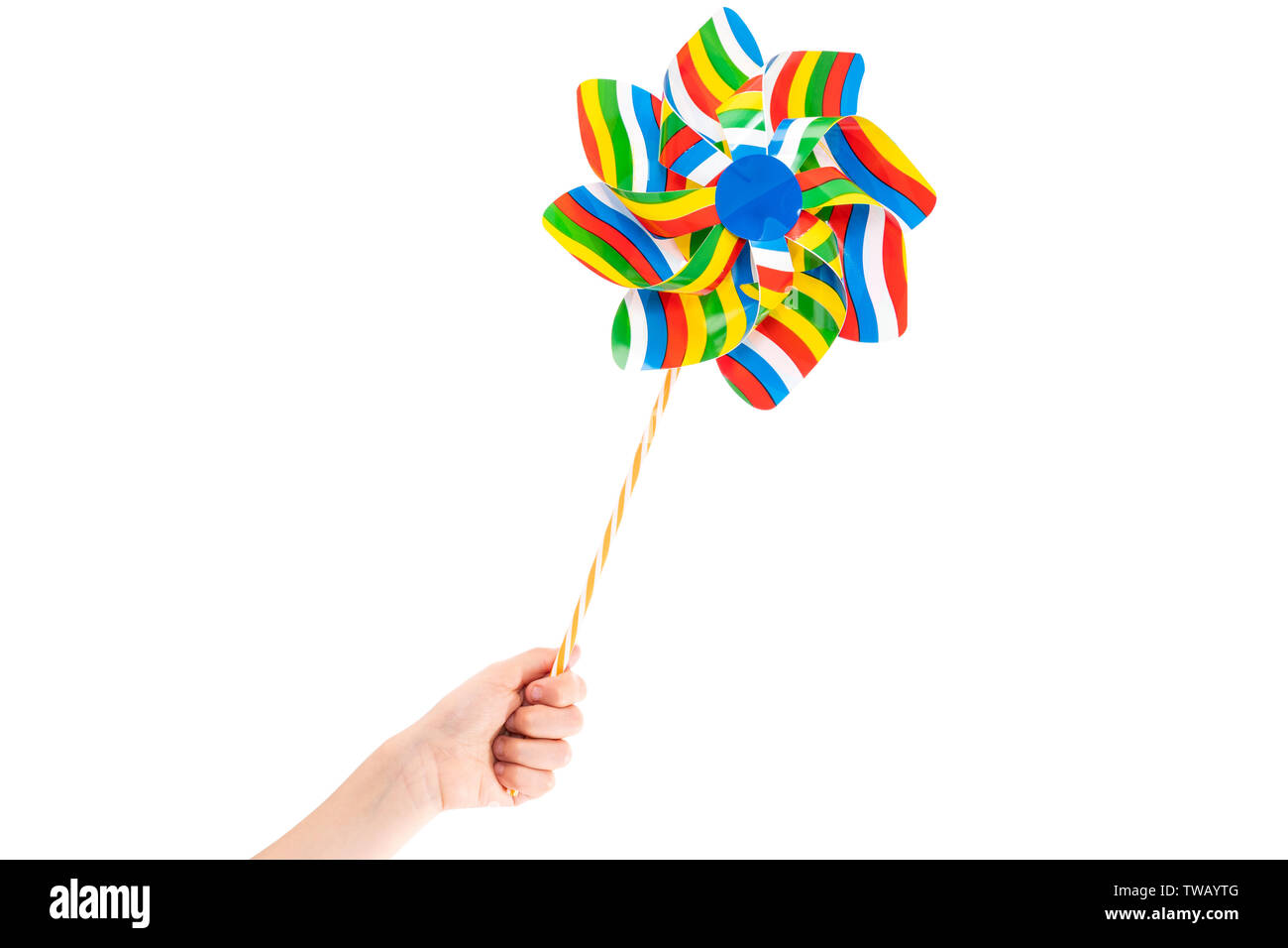 Child's hand with colorful pinwheel isolated on white background Stock ...