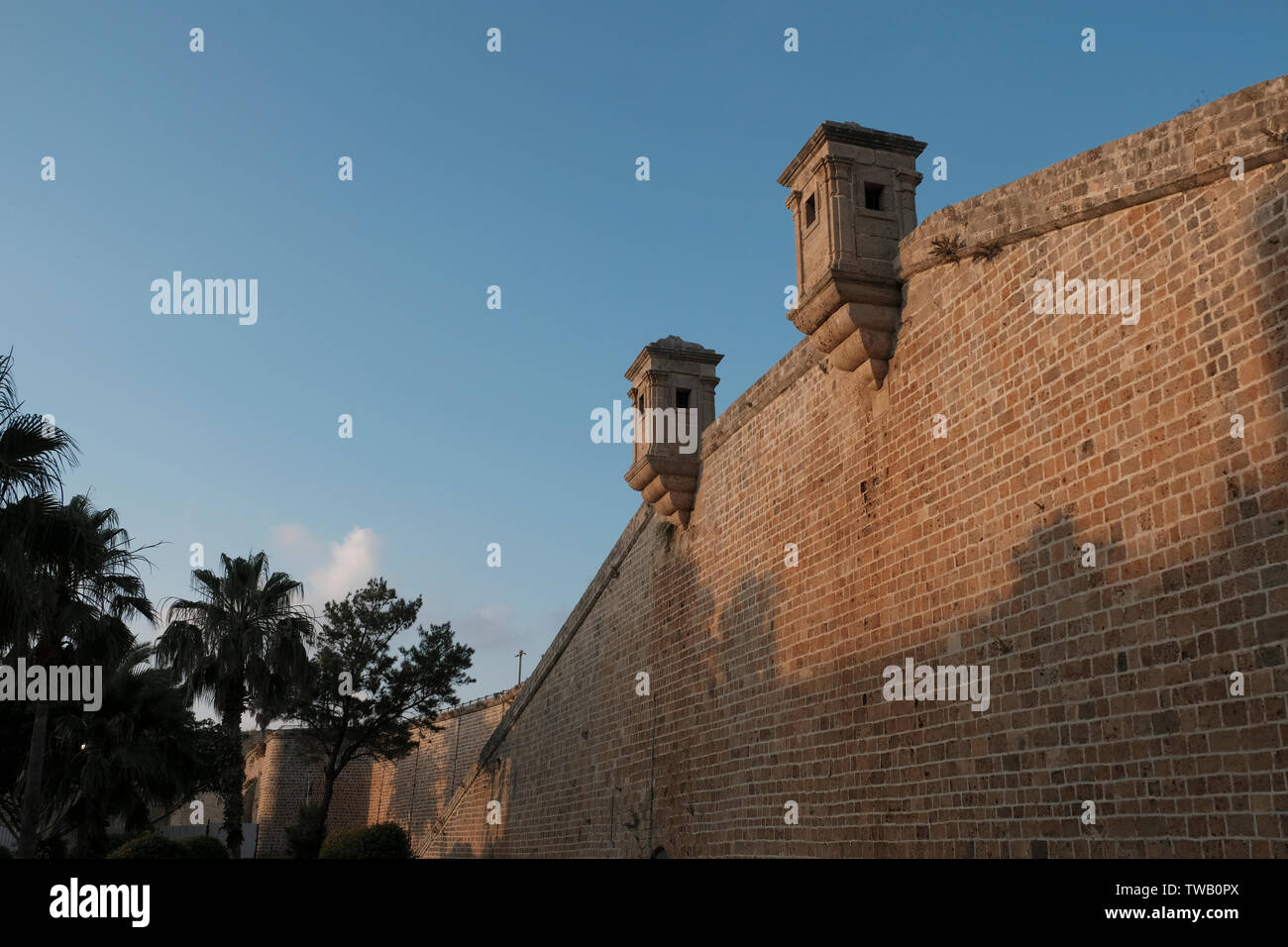 Sentry boxes at the heavy land defensive wall in the old city of Acre ...