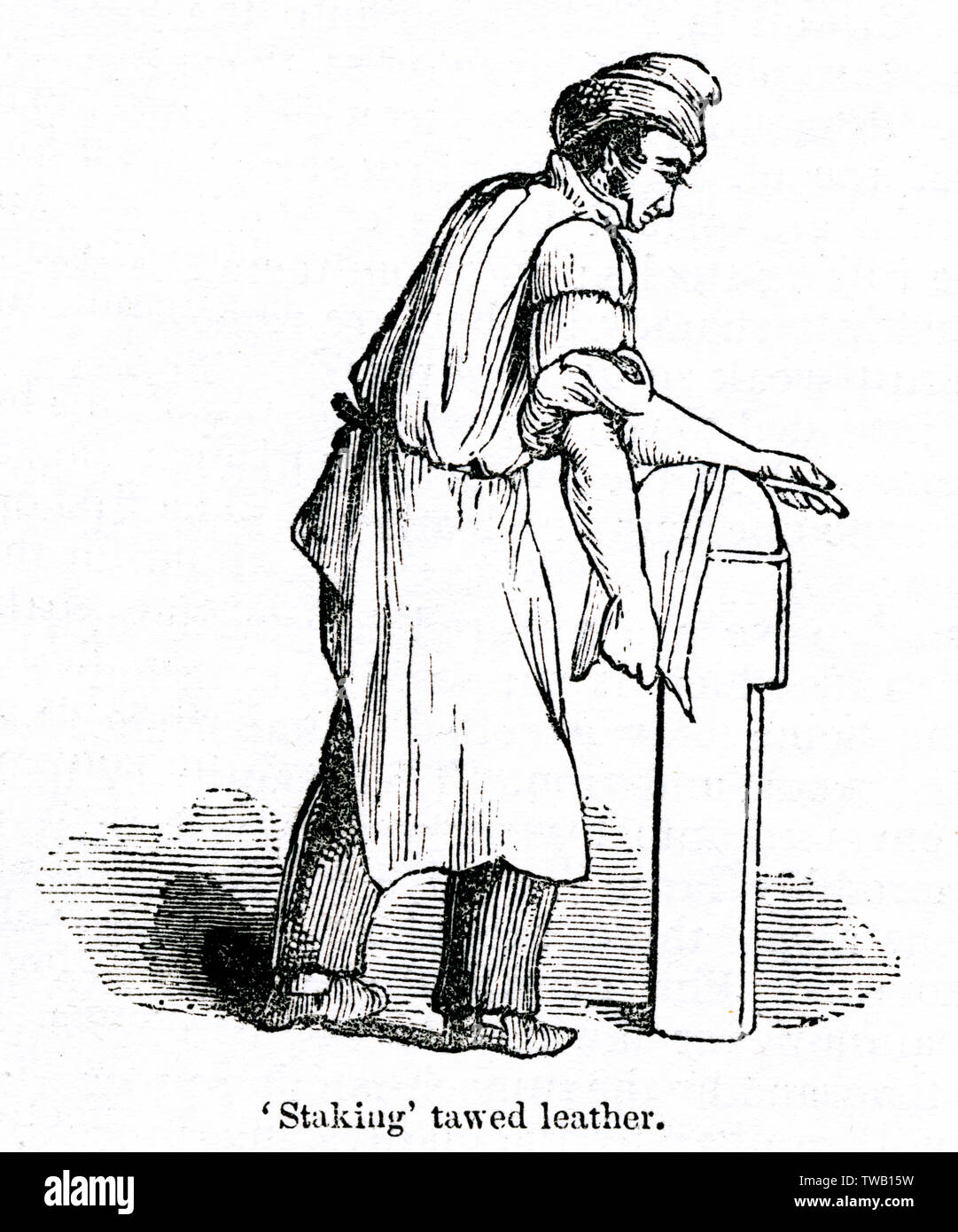 Staking tawed leather at a leather factory, south London Stock Photo ...