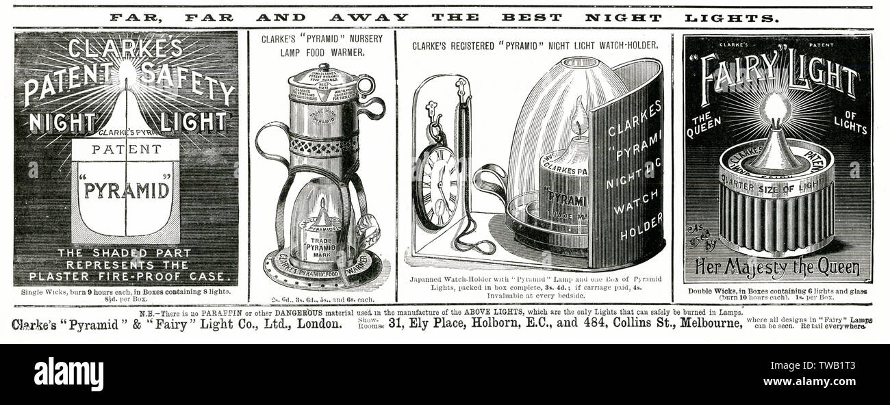 Advert for Clarke's patent safety night light 1892 Stock Photo - Alamy