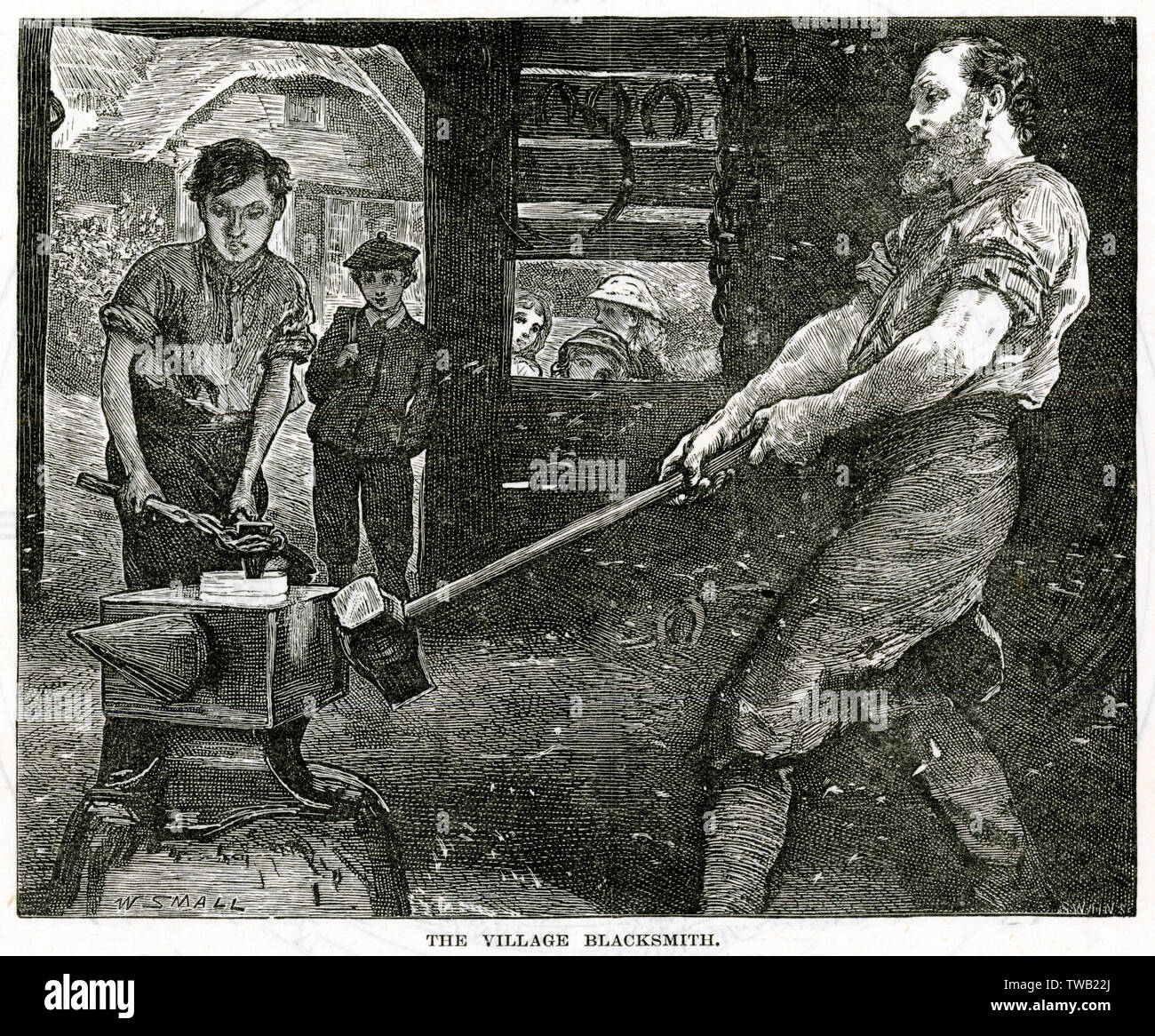 Blacksmith hammering at a lump of metal with a long hammer Stock Photo ...