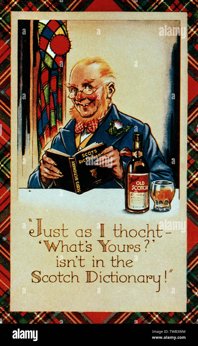 Comic postcard, Scotsman with whisky and Scots dictionary Stock Photo ...