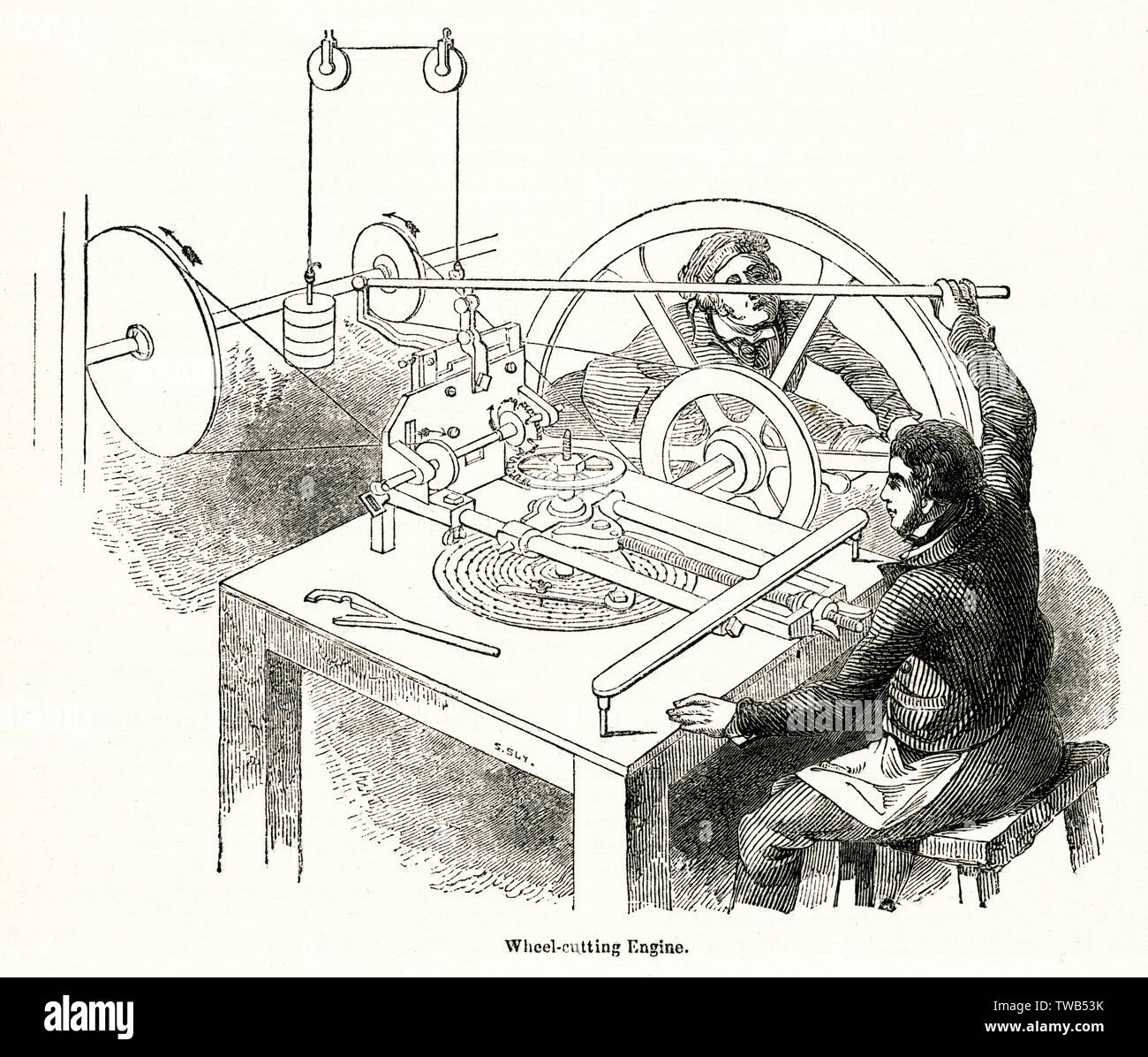 Wheel cutting at a clock factory, Moore and Co, London 1842 Stock Photo ...