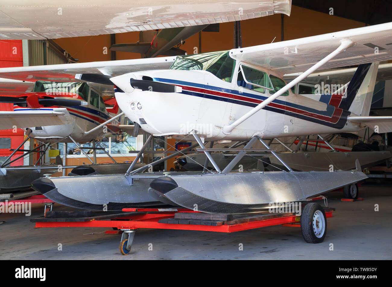 Close-up view of floatplanes (seaplanes) standing in hangar Stock Photo ...