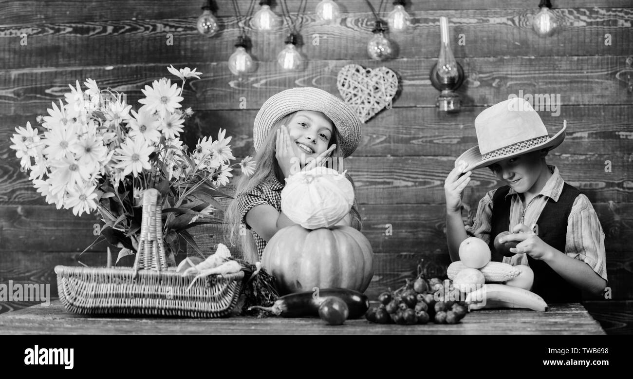 Kids girl boy wear hat celebrate harvest festival rustic style ...