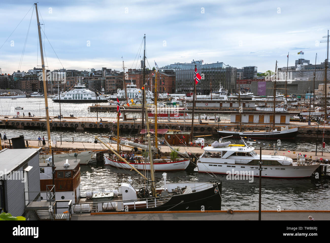 Oslo Aker Brygge, view of boats moored in the harbor area (Aker Brygge ...