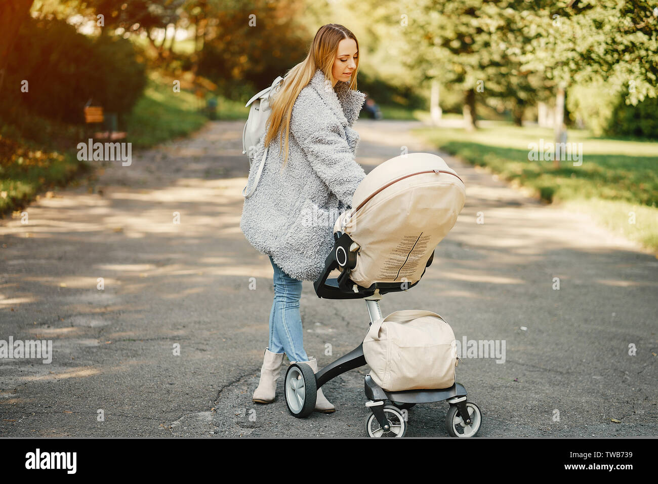 young mother pushing a stroller Stock Photo - Alamy