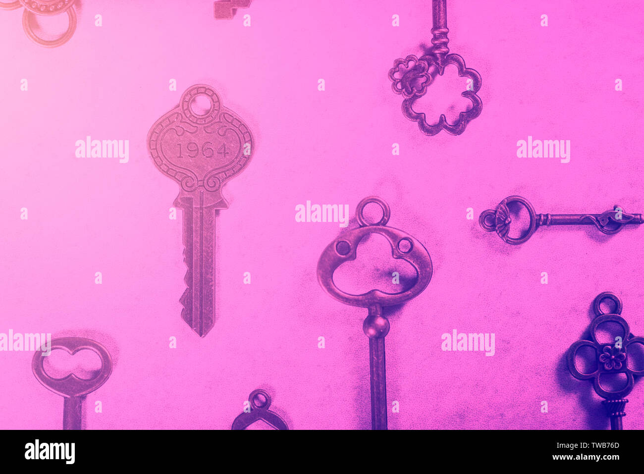 Decorative keys of different sizes and styles on grey background Stock ...