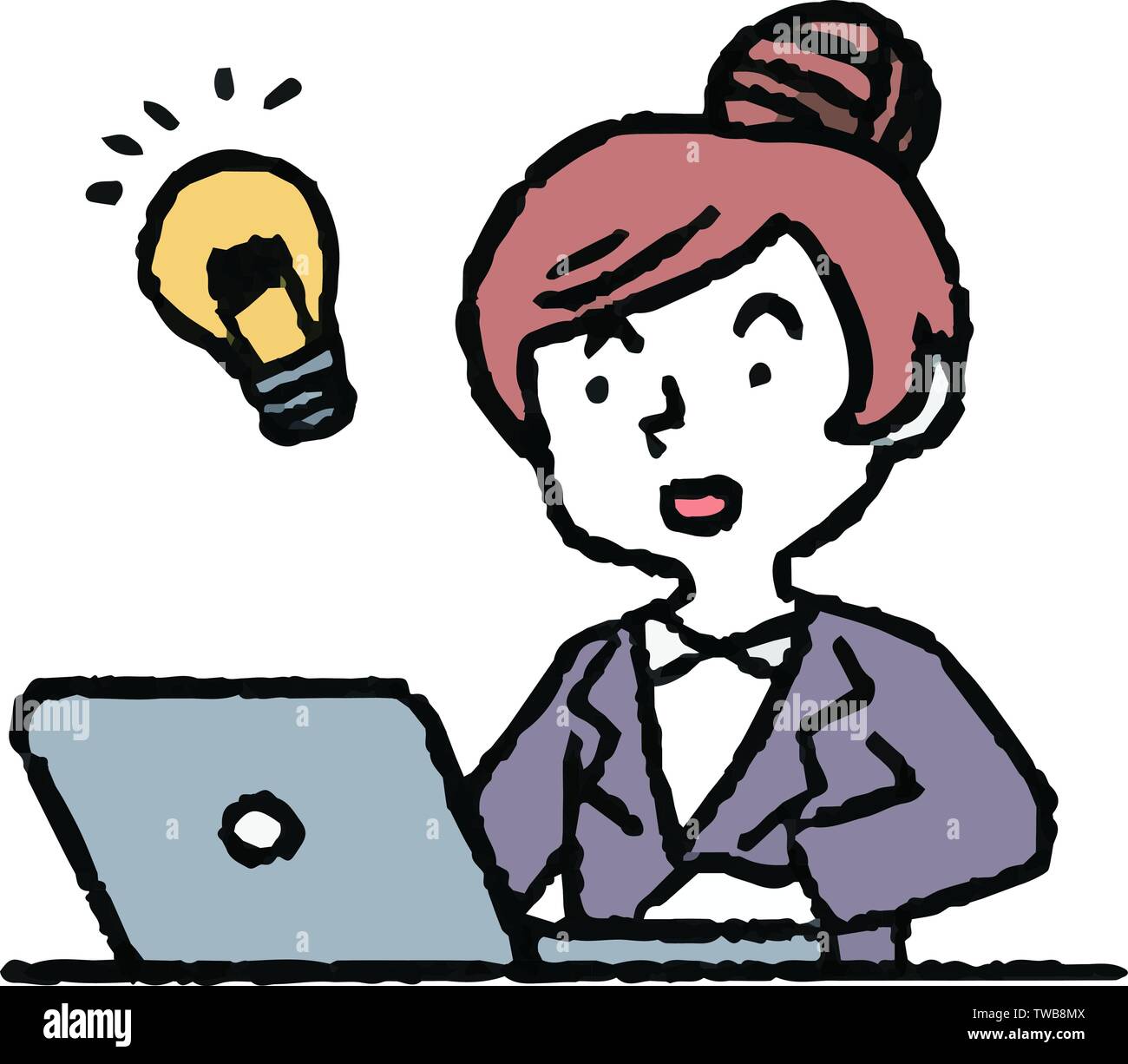 This is an Analog style illustration of working woman and laptop PC ...