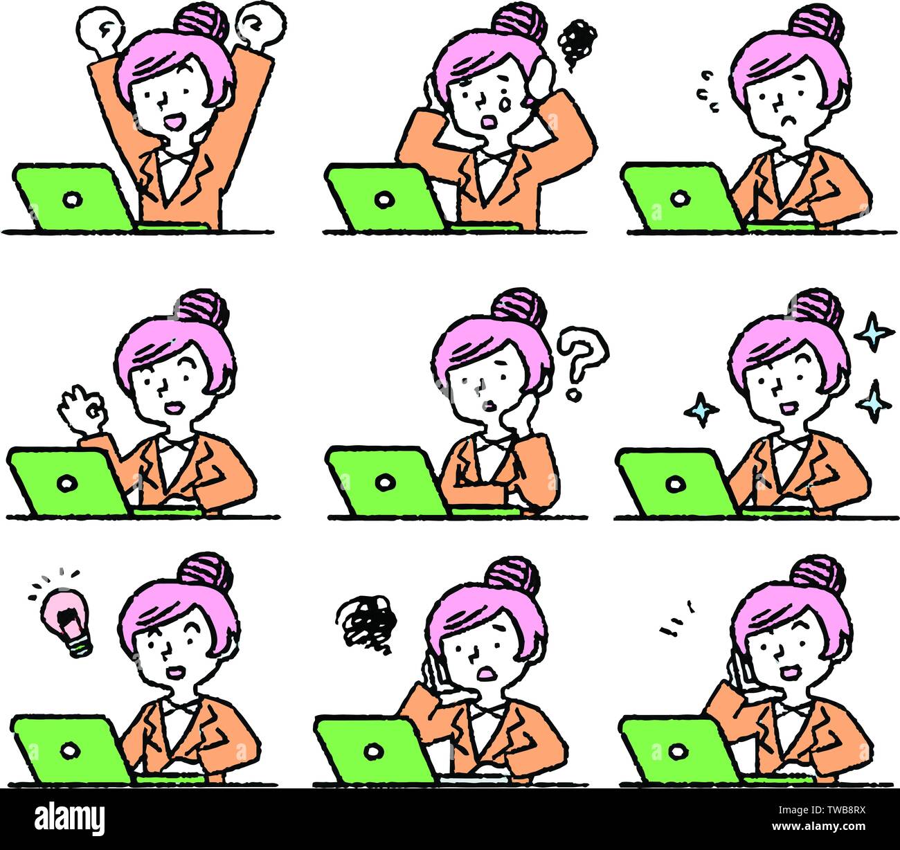This is an Analog style illustration of working woman and laptop PC ...