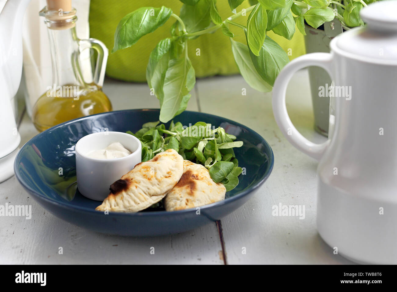 Vegetarian cooking. Dish on a dark plate. Horizontal composition Stock ...