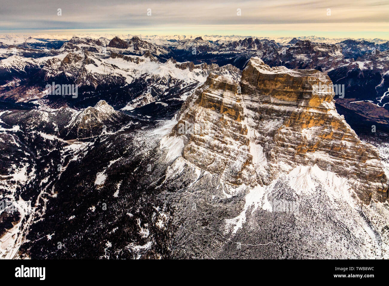Aerial view of majestic Monte Pelmo in winter, Dolomites, Cortina d ...