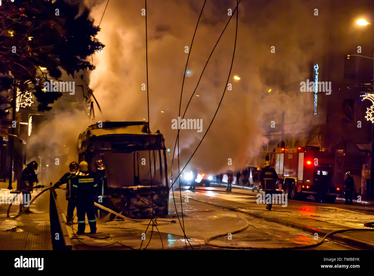 Athens, Greece, December 2016: Bus burning crime wave by anarchists ...