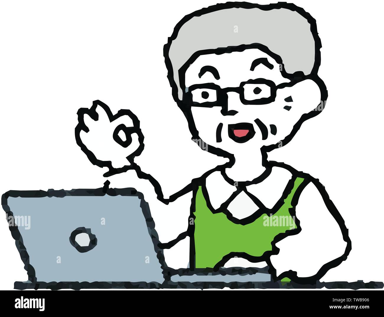 This is an analog-style illustration of an elderly man using a PC Stock ...