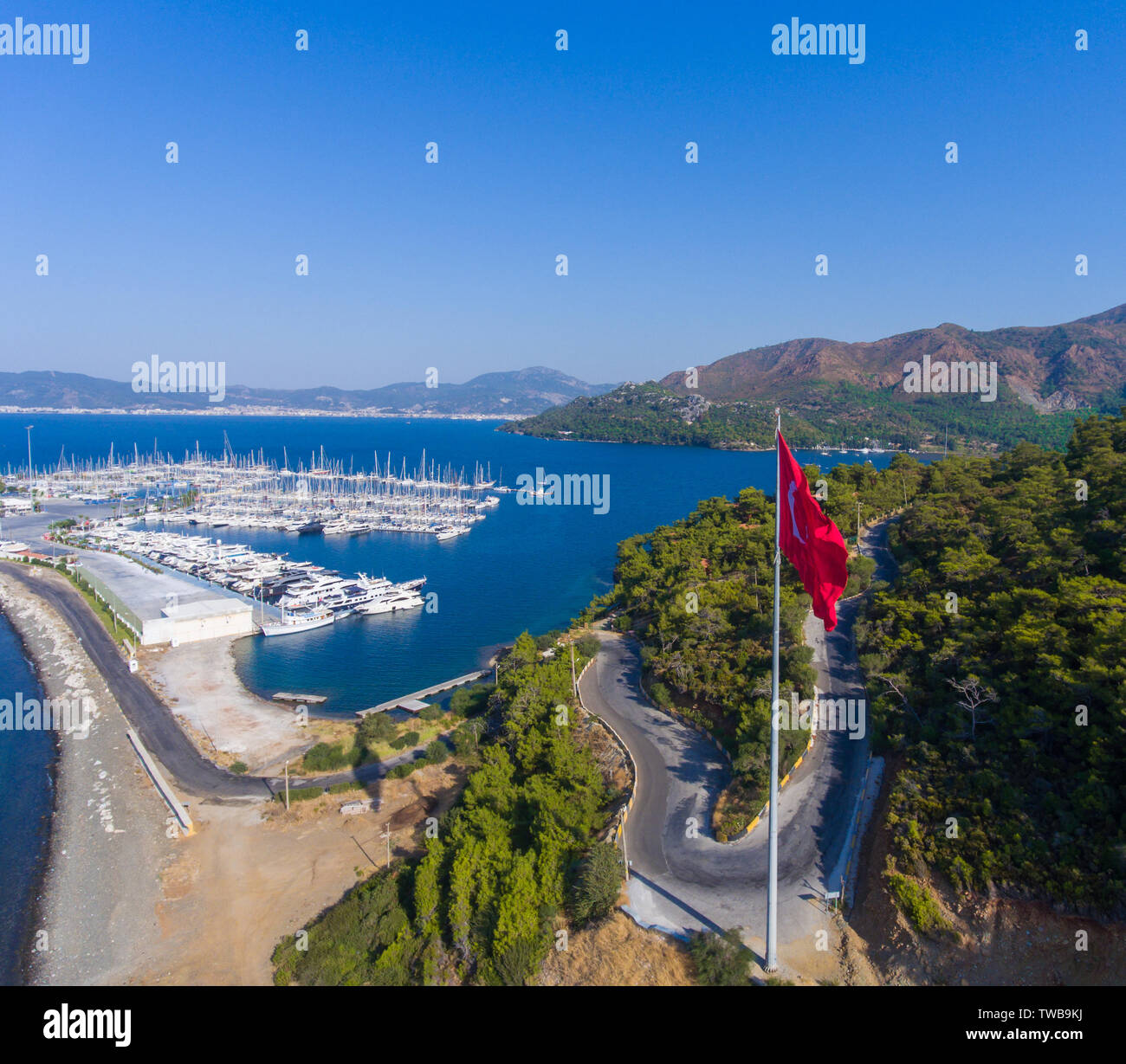 Aerial view of the marina and Turkish flag. Turkey, Marmaris Stock ...
