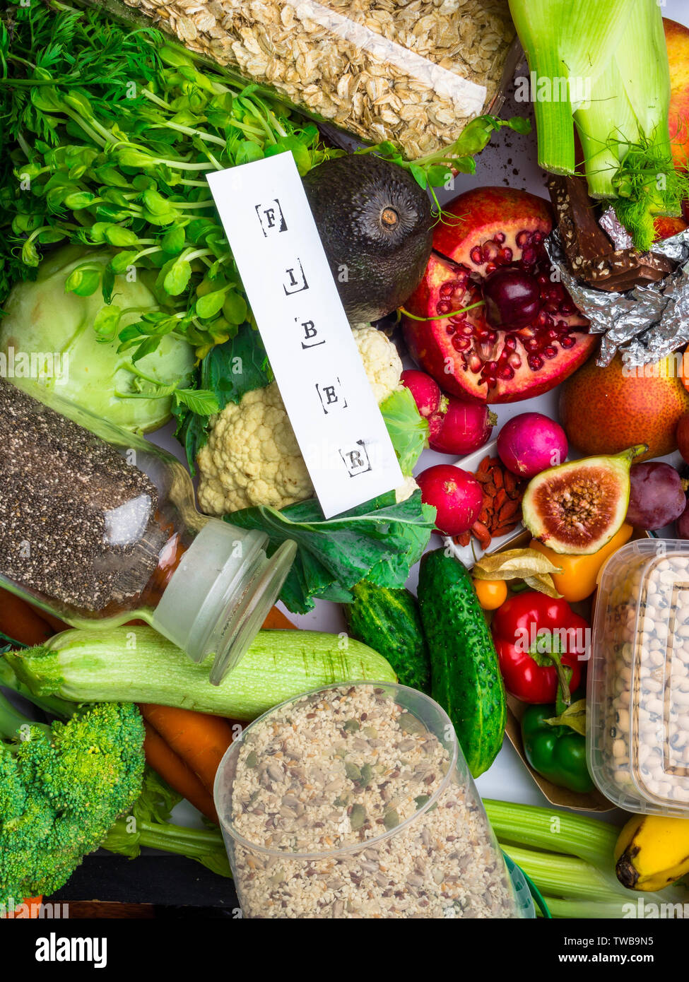 Foods rich in fiber background with inscription, close up Stock Photo ...
