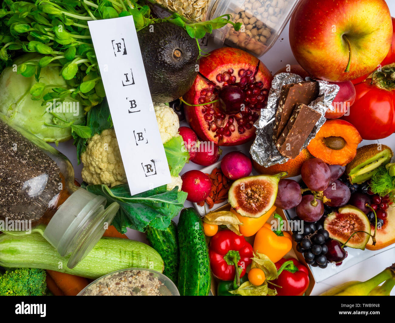 Foods rich in fiber background with inscription, close up Stock Photo ...