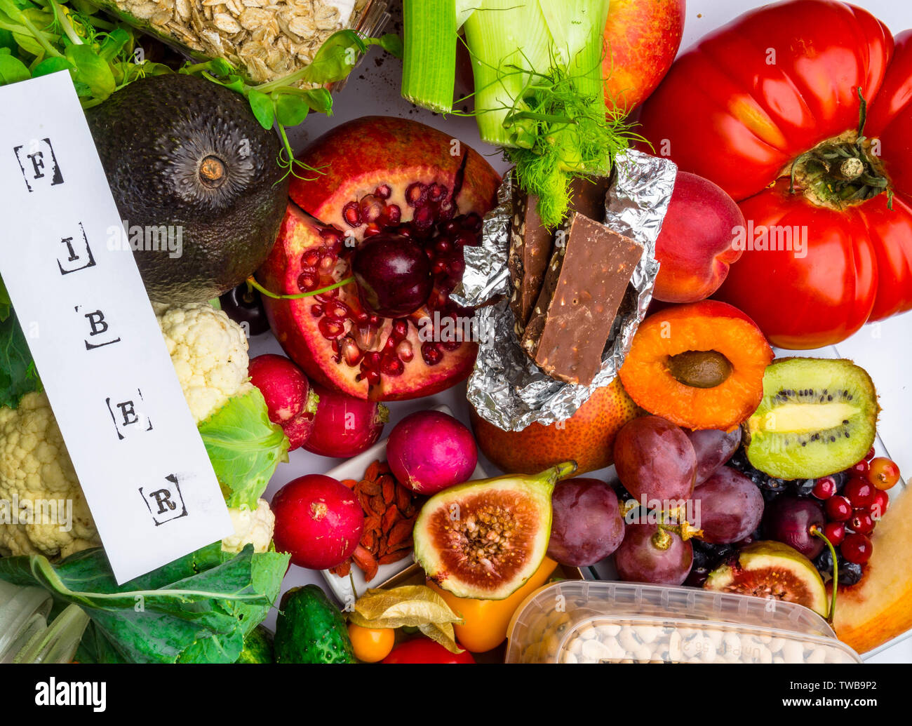Foods rich in fiber background with inscription, close up Stock Photo ...