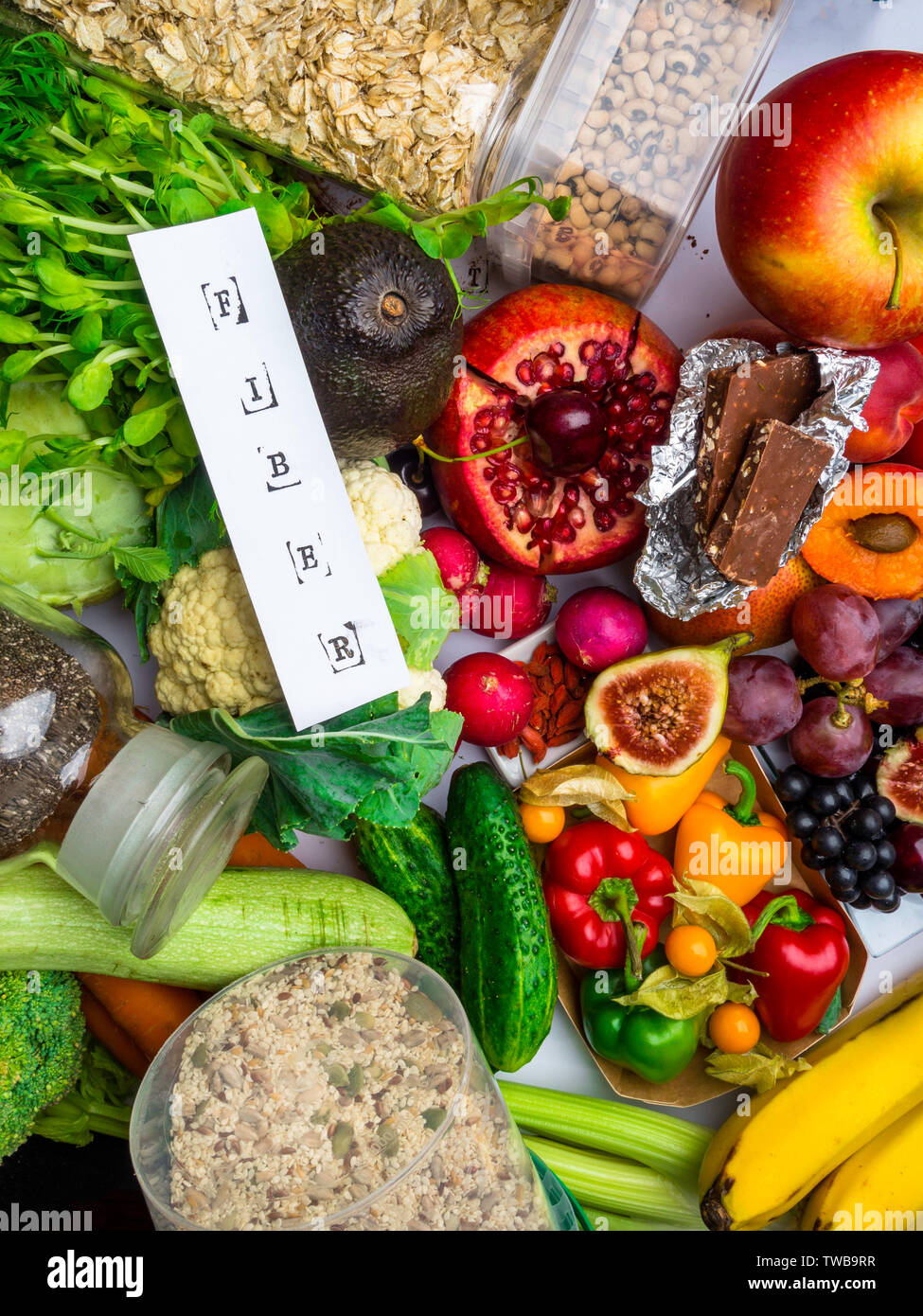 Foods rich in fiber background with inscription, close up Stock Photo ...