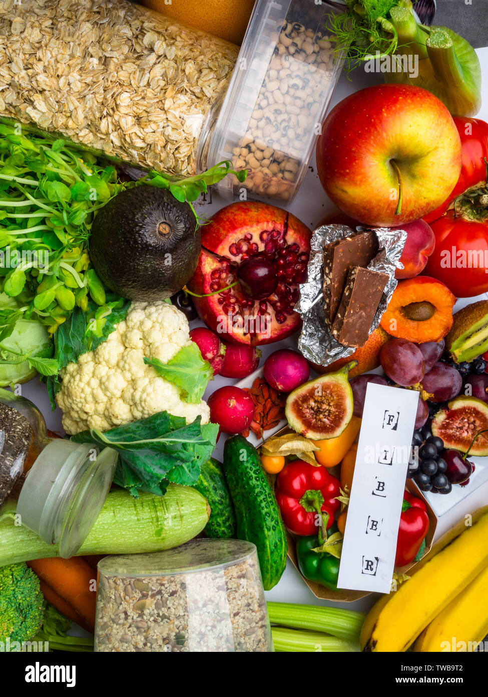 Foods rich in fiber background with inscription, close up Stock Photo ...