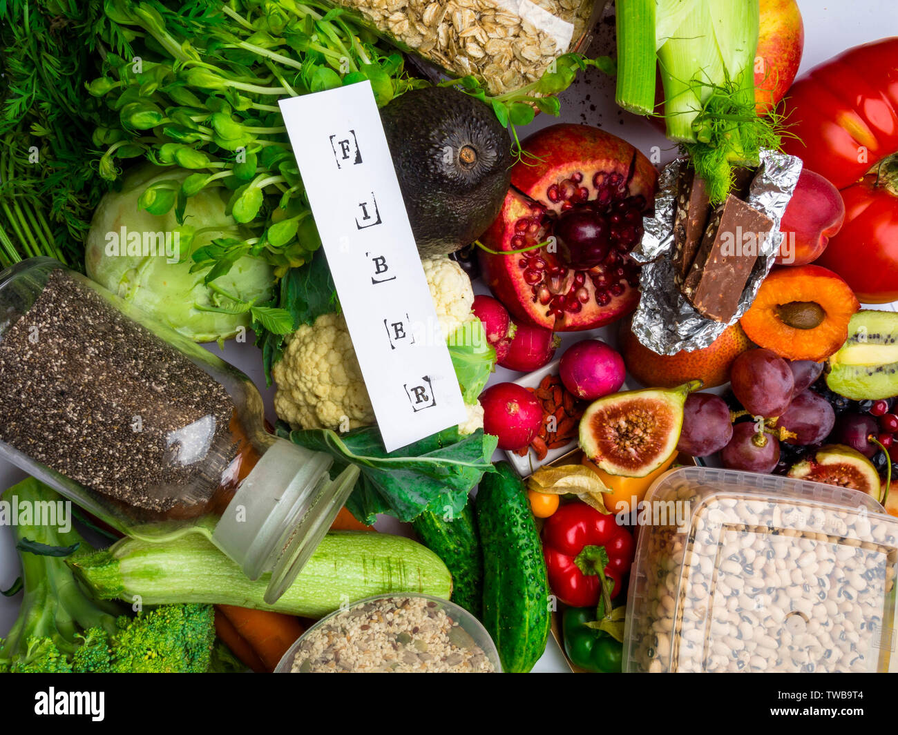 Foods rich in fiber background with inscription, close up Stock Photo ...