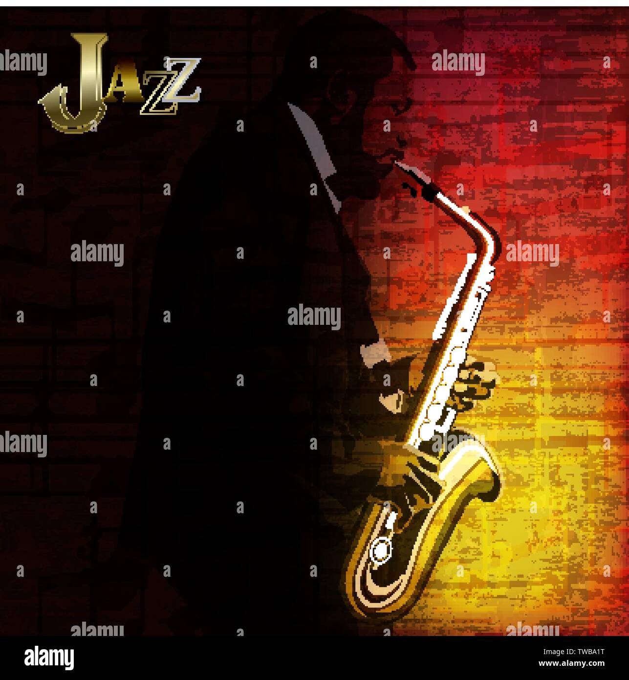 abstract red music illustration with saxophone player on grunge ...