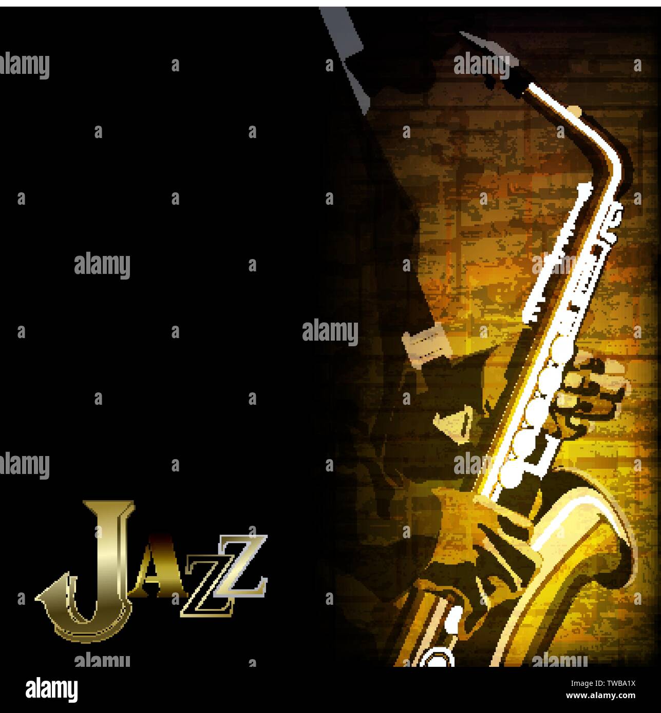 abstract yellow music illustration with saxophone player on grunge ...