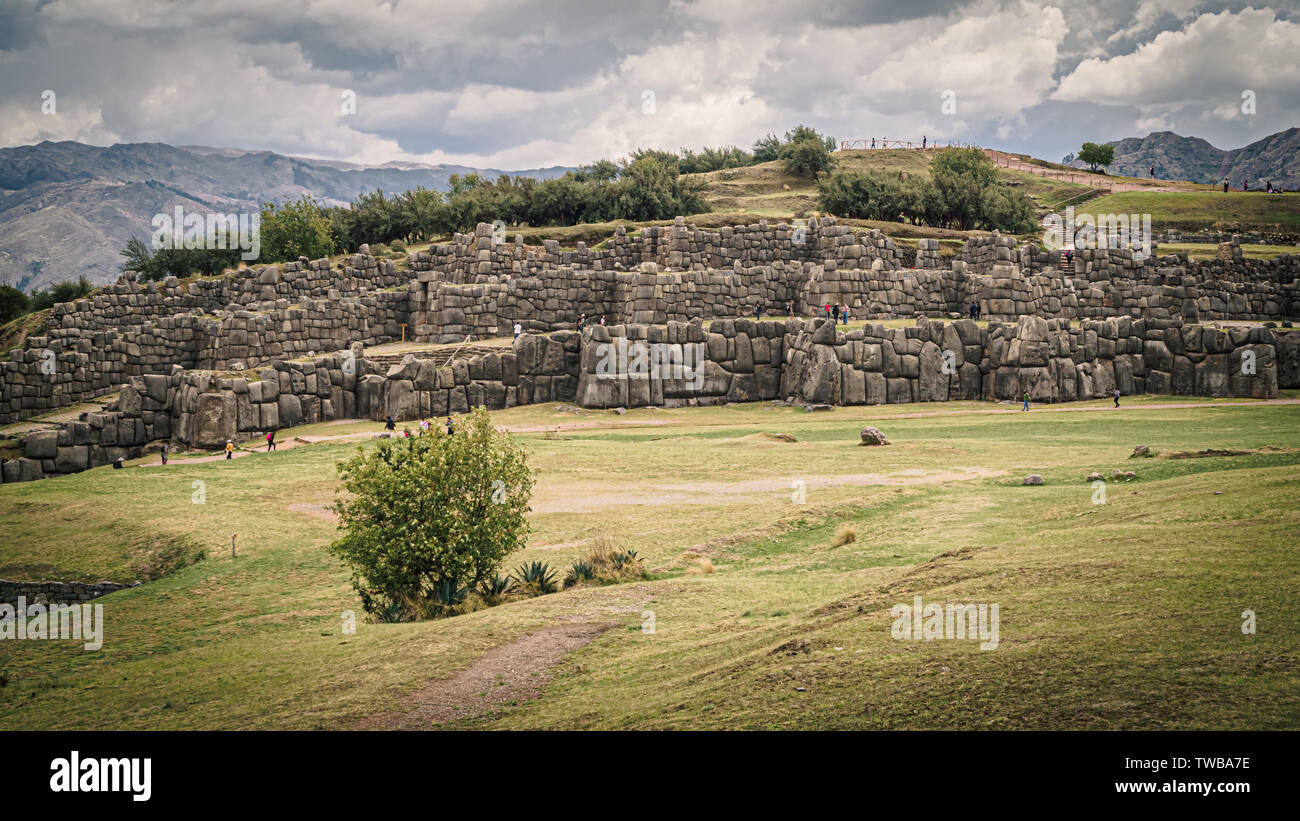 Inca ruins of Sacsayhuaman in the city of Cusco in Peru, panoramic view ...