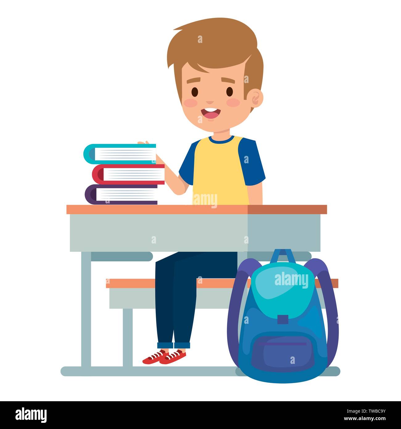 student boy seated in school desk with books and bag Stock Vector Image ...