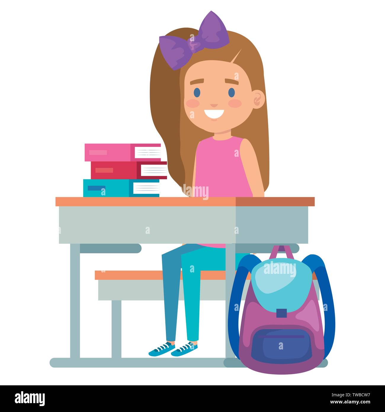 student girl seated in school desk with books and bag Stock Vector ...