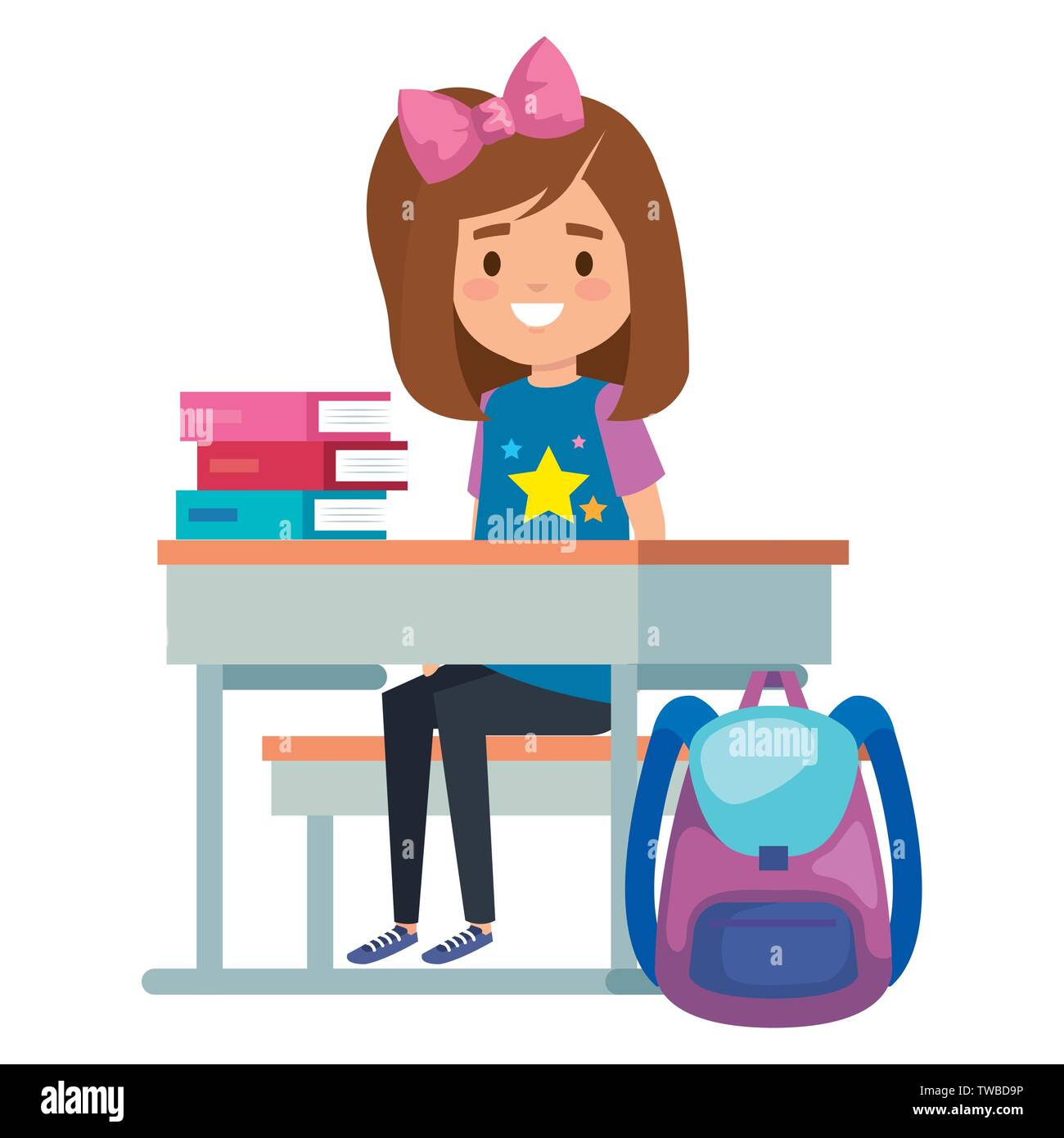 student girl seated in school desk with books and bag Stock Vector ...