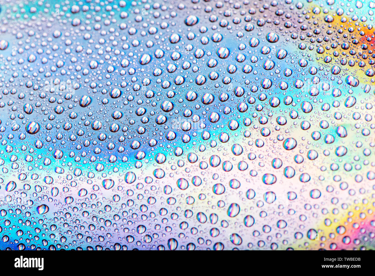 Drops of water on pastel holographic neon background. Macro shot Stock ...