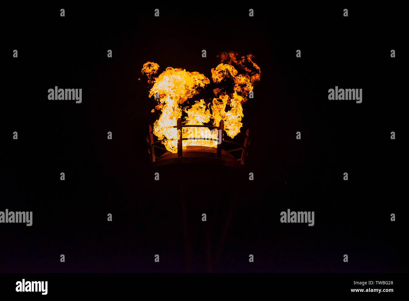 Orlando, Florida. May 14. 2019. Giant fire torch on dark night ...