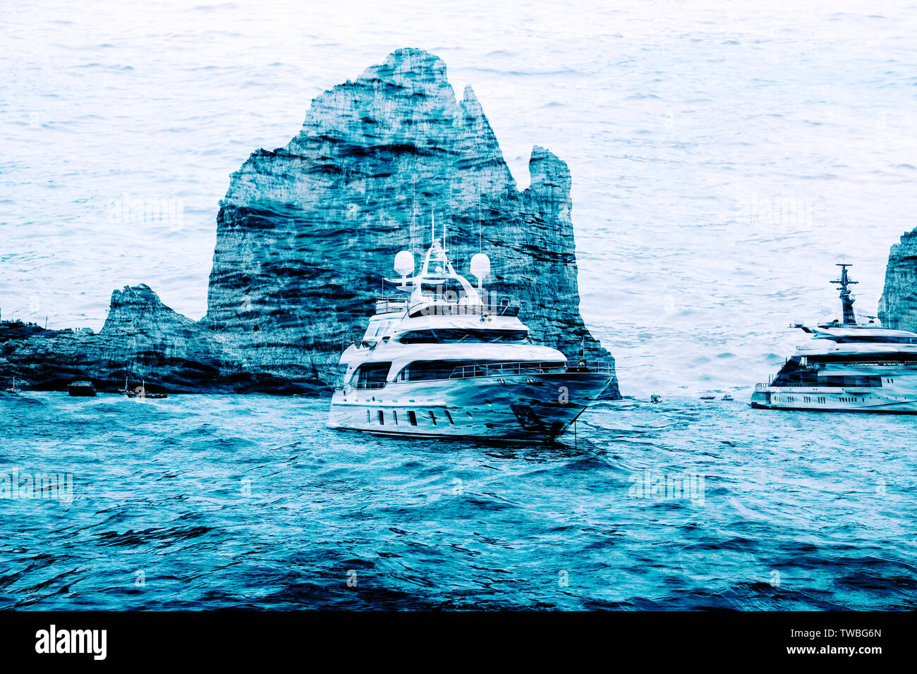 Double exposure collage with waves and Yachts Stock Photo - Alamy