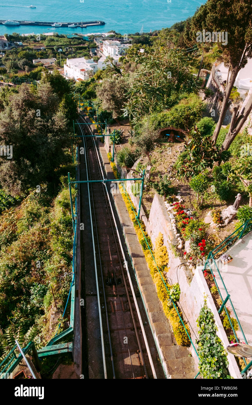 Capri, Italy: Funicular rails leading up to the historic centre Stock ...
