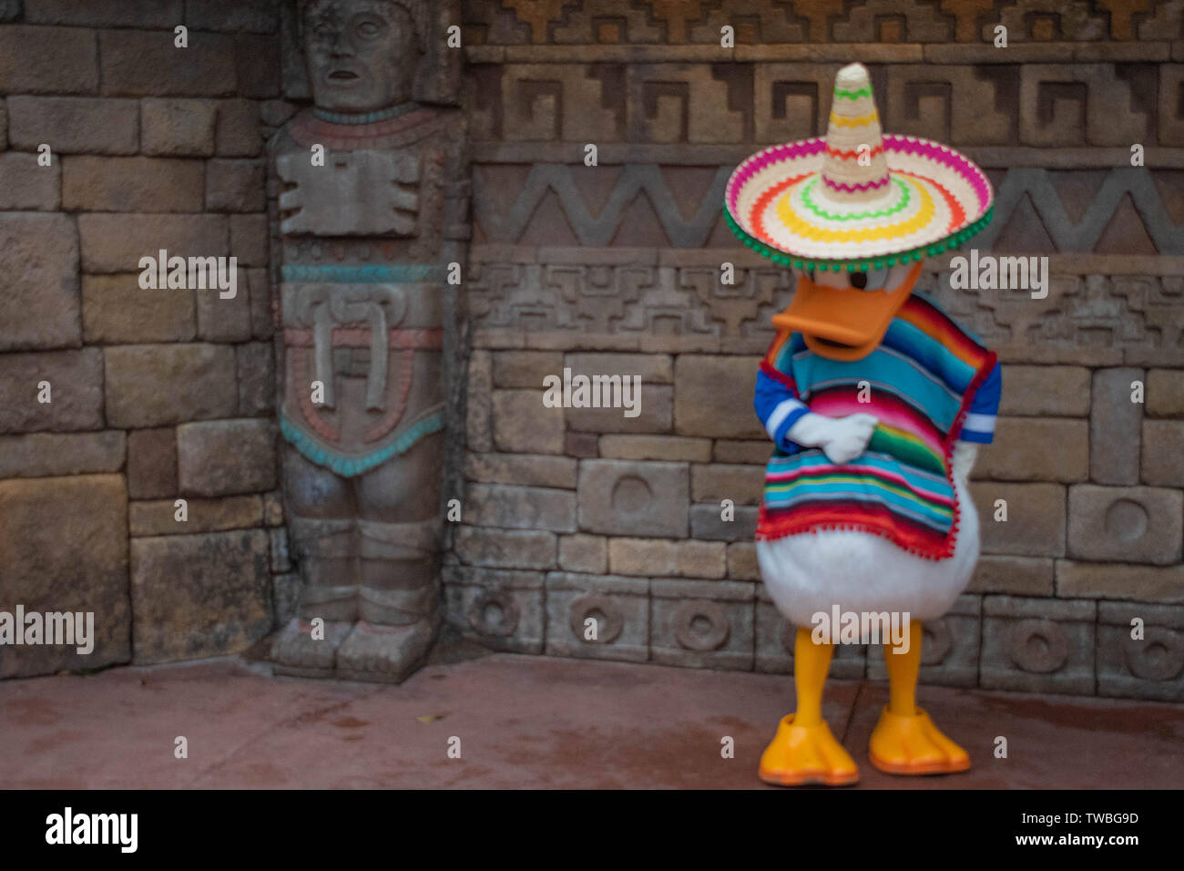 Orlando, Florida. May 16. 2019. Donald Duck in Mexican clothes at Epcot ...