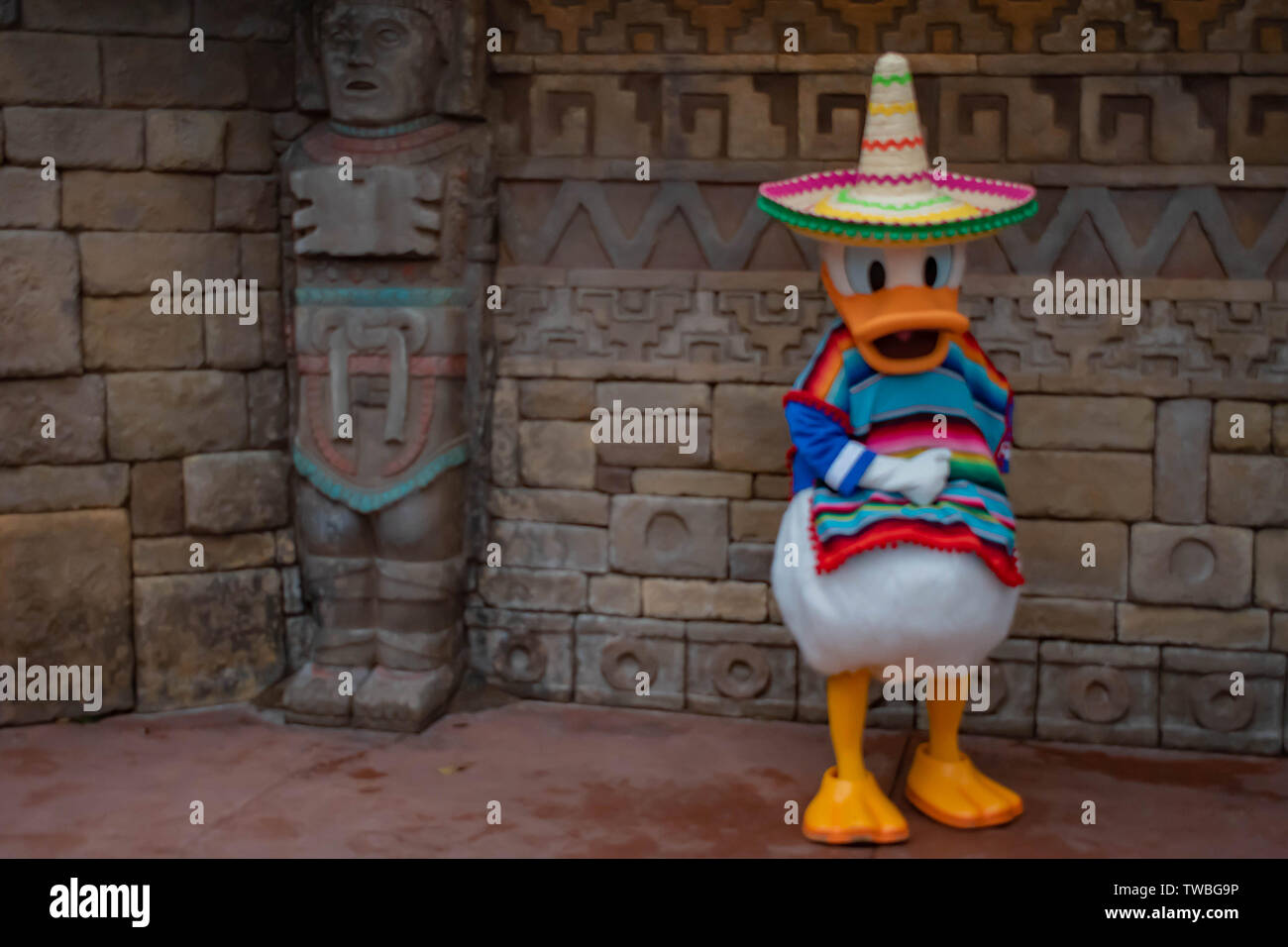 Orlando, Florida. May 16. 2019. Donald Duck in Mexican clothes at Epcot ...