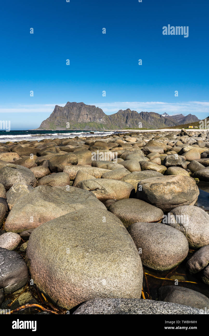 Utakleiv Beach, Lofoten Islands,Norway on a bright spring day. The ...