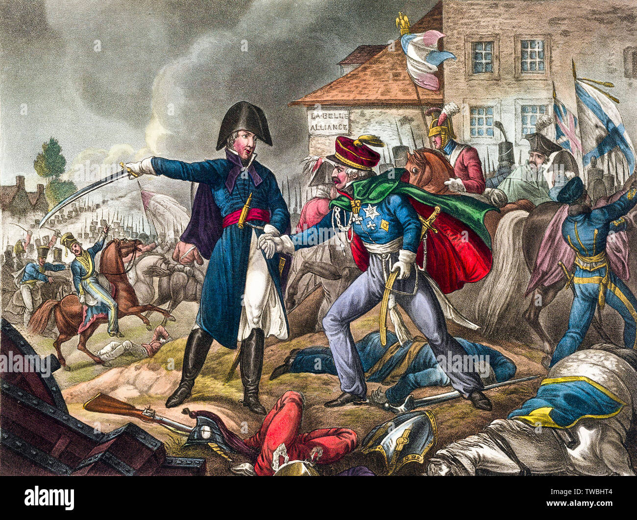 The meeting of Wellington and Blucher, at La Belle Alliance, during the ...