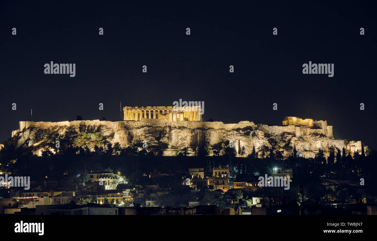 Ancient Acropolis of Athens view by night from Monastiraki Square ...