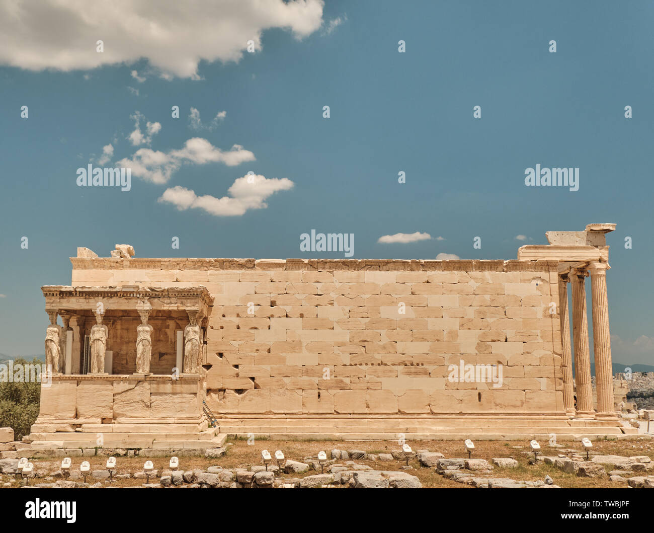 view from below of the temple in the Acropolis area in a sunny day in ...
