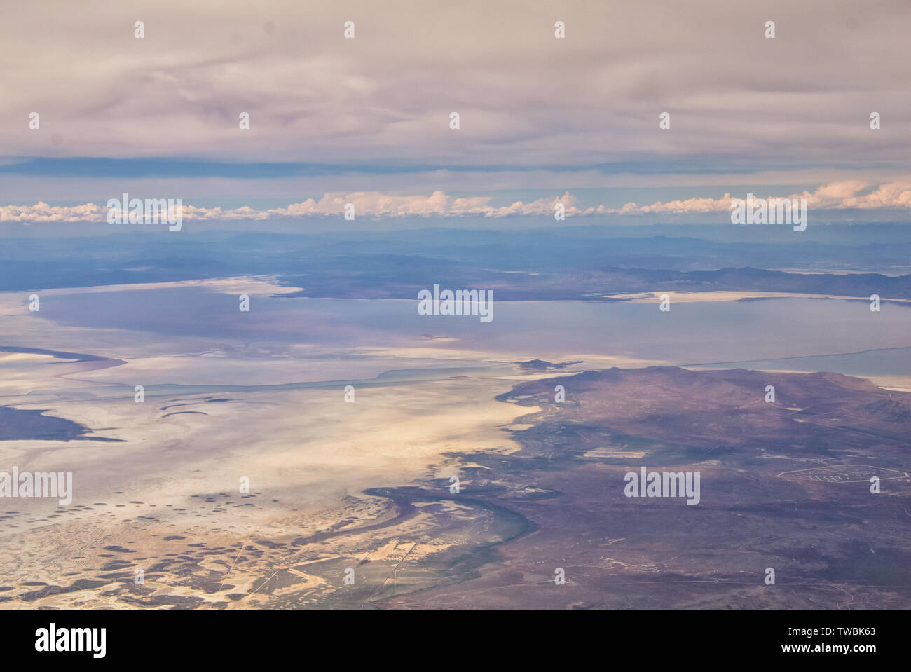 Aerial view from airplane of the Great Salt Lake in Rocky Mountain ...