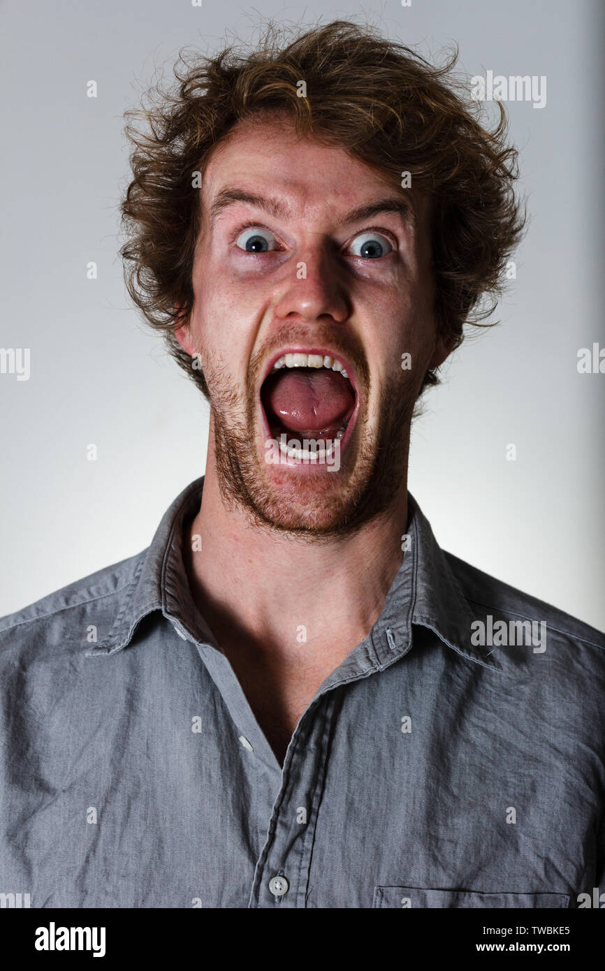 Screaming young man on gray background Stock Photo - Alamy